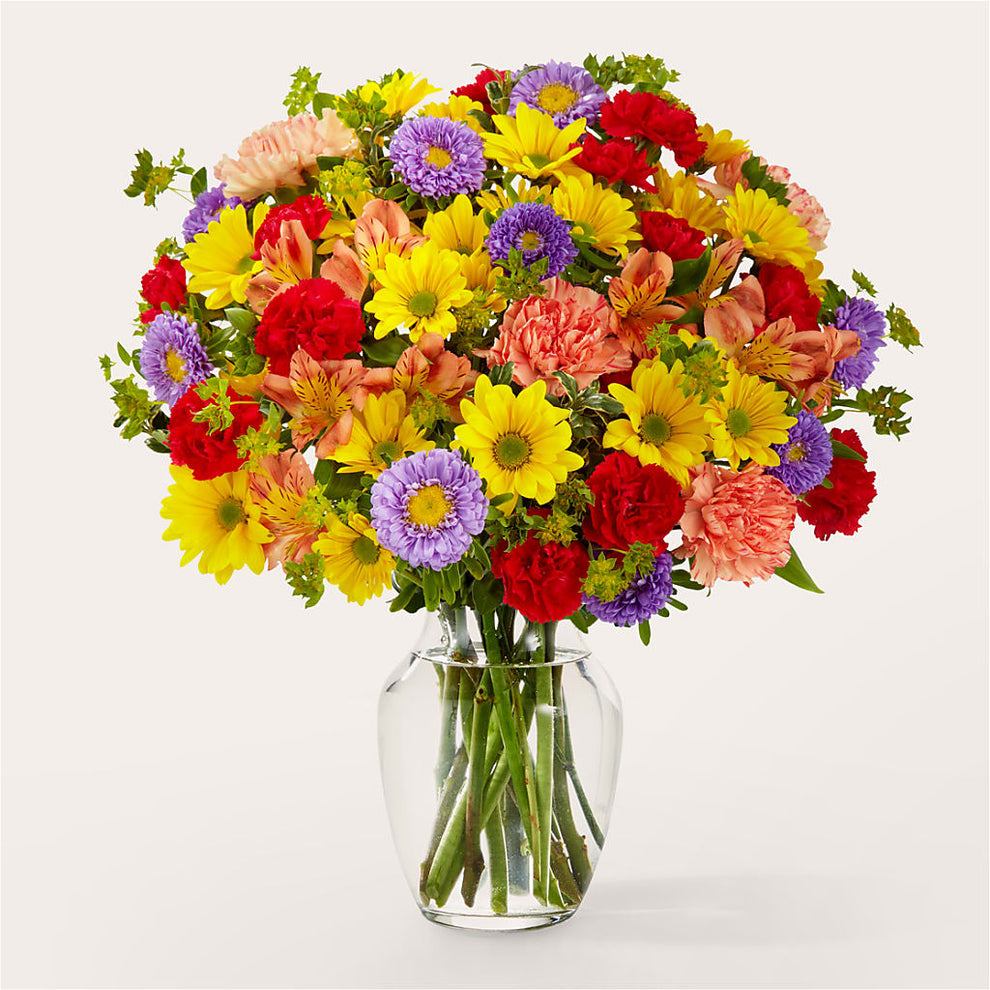 Kaleidoscope Bouquet – orange, purple, red, yellow flower arrangement ...
