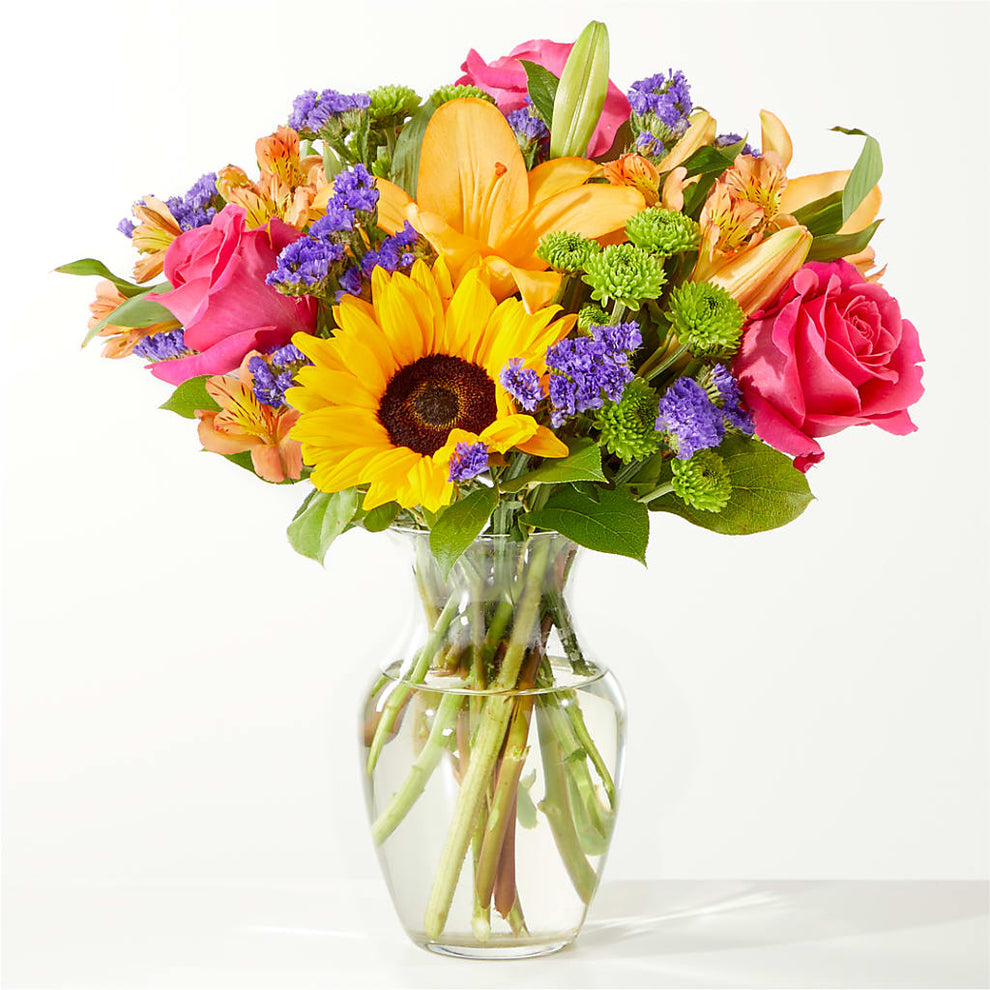 Joyful Bouquet – green, orange, pink, purple, yellow flower arrangement ...